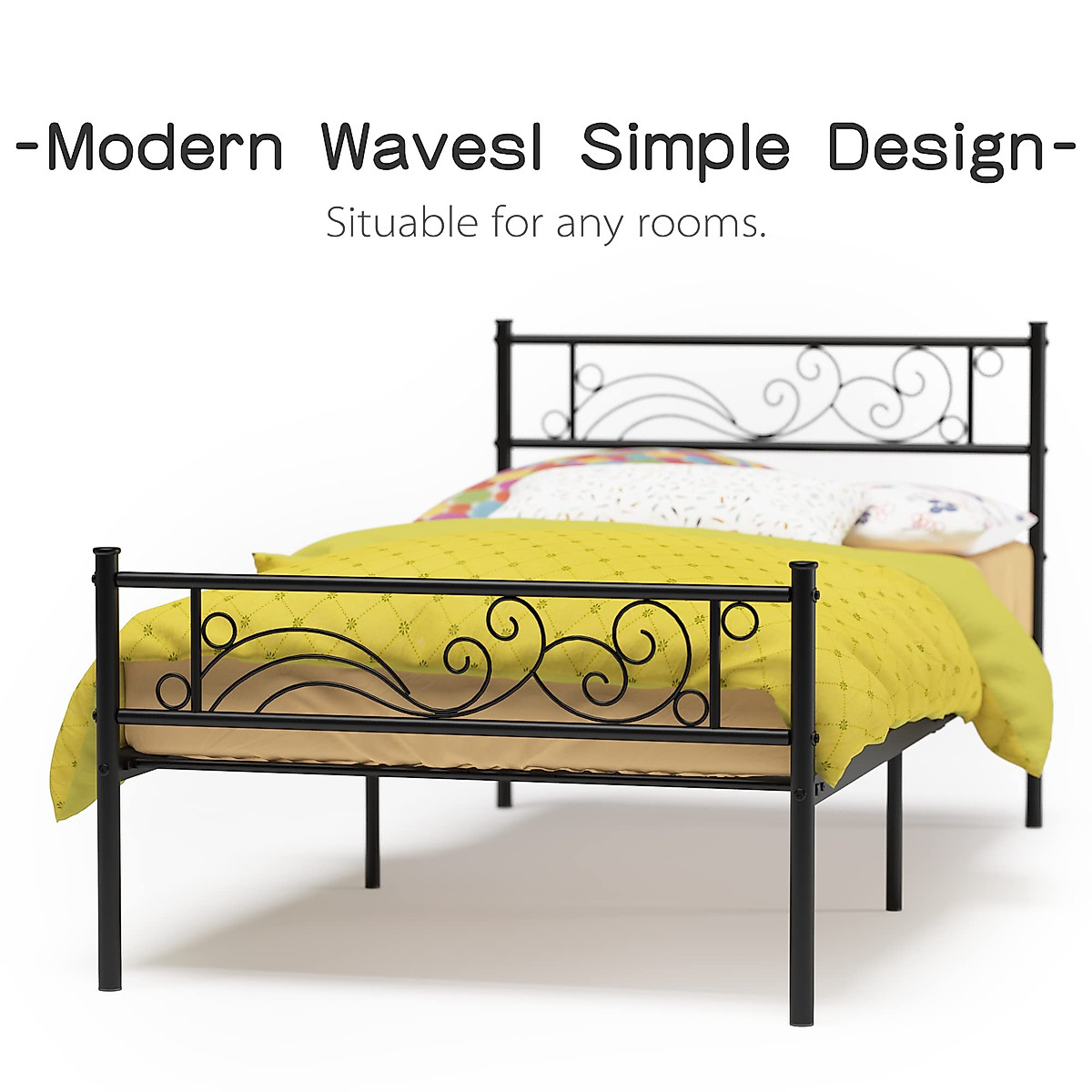 Weehom Metal Twin Bed Platform Frame Heavy Duty Steel Slat Under Bed Storage Bed Frame with Headboard, Black