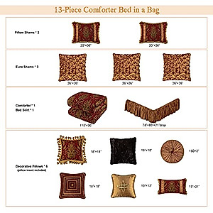 Loom and Mill 13-Piece Comforter Bed in a Bag, Classic Damask Jacquard Comforter Sets King, Luxury Bedding Set with Bed Skirt, Euro Shams and Decorative Pillows, All Season(Florence, King) Red