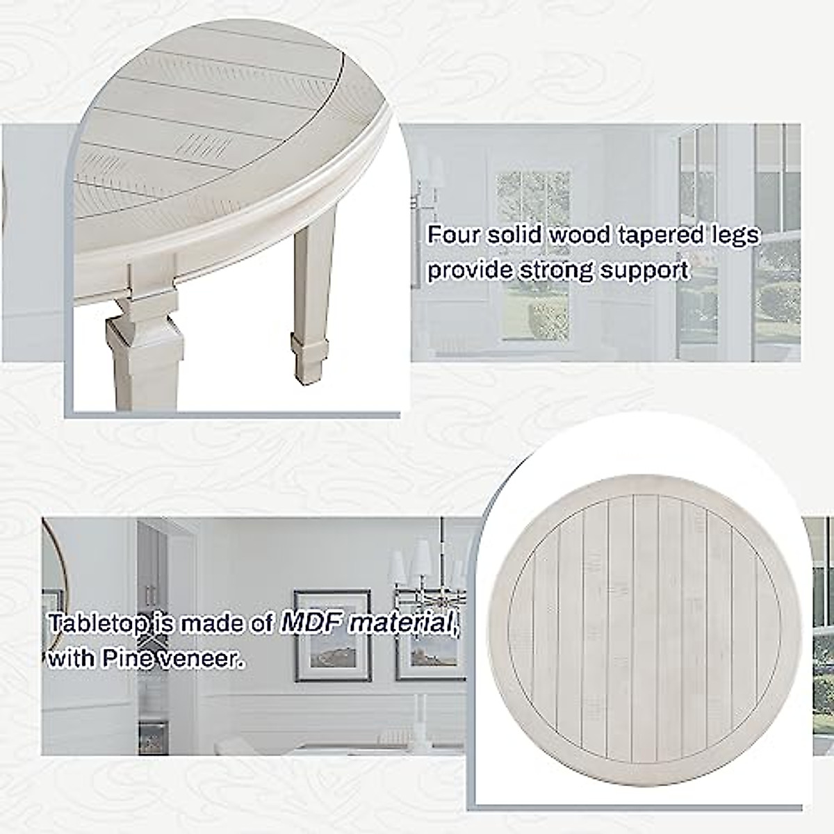 FIQHOME 5 Pieces Set, Round Solid Wood Legs and 4 Striped Fabric Upholstered Chairs, Dining Table for Small Spaces, Apartment,White