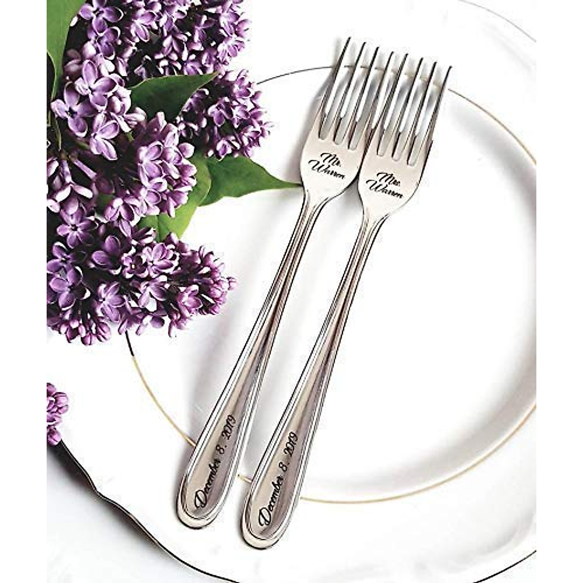Personalized Reusable Silverware Sets for Bride and Groom, Engraved Mr and Mrs Forks for Wedding Cake Ceremony, Engagement Bridal Shower Anniversary Birthday Congratulations Gifts