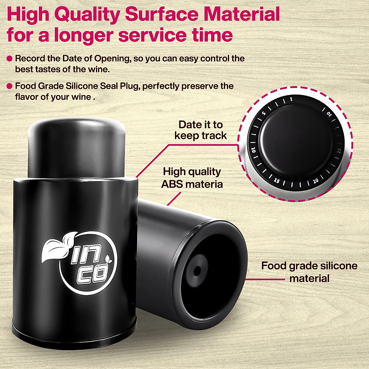 [2 PACK] Wine Bottle Stoppers, Reusable Wine Stoppers, Premium Vacuum Wine Preserver with Time Scale Record, Wine Savers Vacuum Pump Corks Keep Wine Fresh, Best Gift