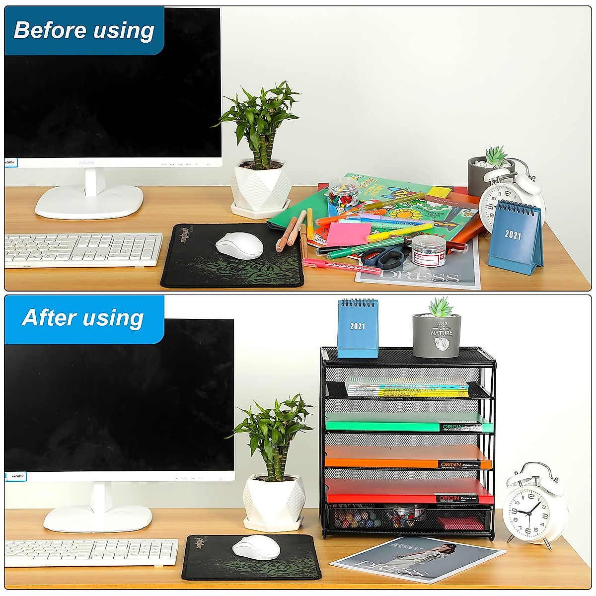 Samstar Paper Letter Tray, 5 Tier Desk File Organizer Paper Shelves Sorter Rack with Sliding Drawer and Extra Pen Holder, Black