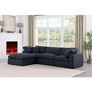 Meridian Furniture 187Black-Sec4A Comfy Collection Modern | Contemporary Upholstered Modular Sectional, Black Linen Textured Fabric Upholstery, Down Feather Cusions, 119" W x 79" D x 34.5" H, Black