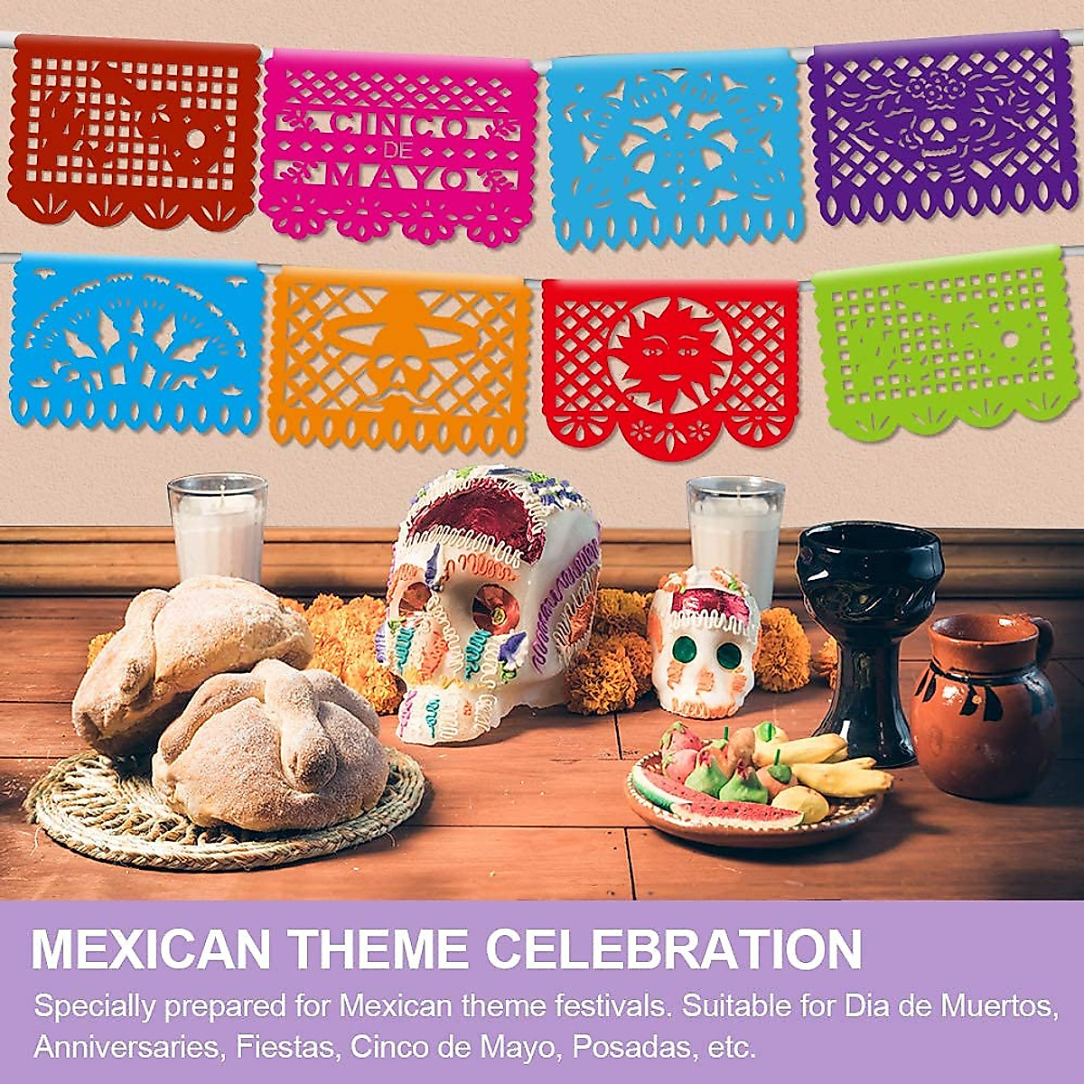 Asoulin 6 PCS 90 Ft Fiesta Party Decorations Mexican Party Banners, Cinco De Mayo Mexico Decor Easter Banner, Plastic Papel Picado, Dia De Los Muertos, Day of The Dead Decor, 12 Patterns/90 Feet Total