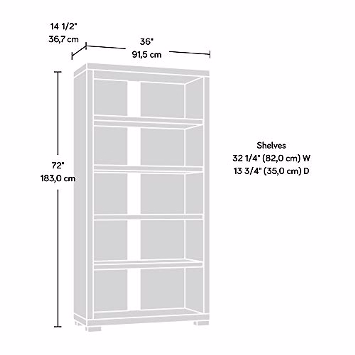 Sauder Manhattan Gate Tall Bookcase Mystic Oak Finish, L: 36.02" x W: 14.45" x H: 72.05"