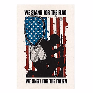 MONORD Memorial Day American Flag Soldier Military Dog Tags We Stand for the Flag We Kneel for the Fallen Garden Flag Vertical Double Sided, Patriotic Veterans' Day Yard Outdoor Decor 12 x 18 Inch