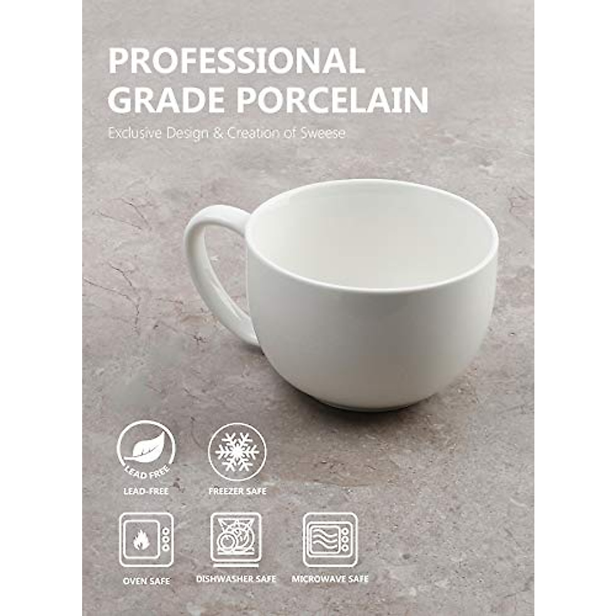 Sweese Porcelain 22oz Large Coffee Mugs Set of 4 - Soup Mug with Handles - Perfect for Hot Chocolate - Microwave Safe - White