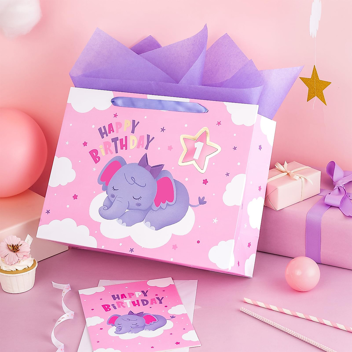 WRAPAHOLIC 13" Large Gift Bag with Card and Tissue Paper - Elephant 1st Birthday