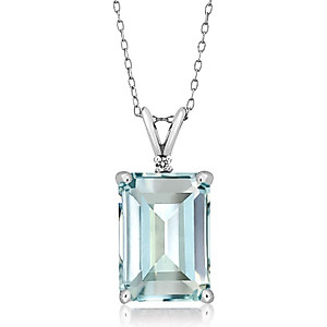 Gem Stone King 925 Sterling Silver Gemstone Birthstone and White Diamond Necklace | Emerald Cut 14X10MM Pendant Necklace for Women | With 18 Inch Silver Chain