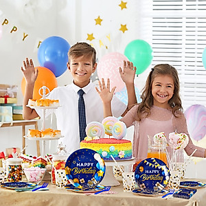 gisgfim 96 Pcs Blue and Gold Birthday Plates and Napkins Party Supplies Navy Blue Party Tableware Set Happy Birthday Decorations Favors for Men Women Birthday Baby Shower for 24 Guests