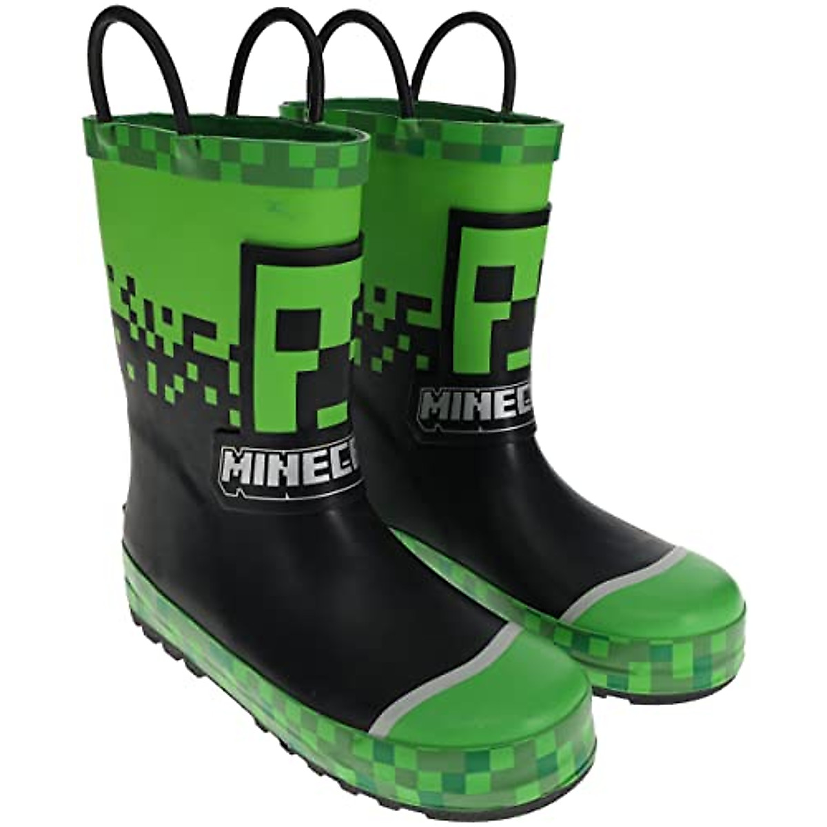 Minecraft Rain Boot for Kids, 100% Rubber Creeper Wellie Boot Waterproof, Green/Black, Little Kid Size 12/13