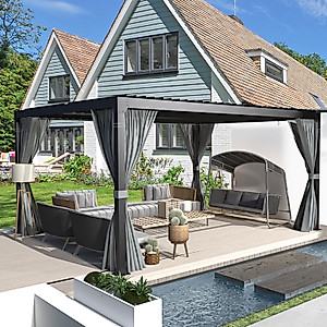 EROMMY 10X12 Pergola Louvered Outdoor Hard Top Pergola with Aluminum Frame and Adjustable Metal Rainproof Roof for Garden & Patio, Curtains and Netting Included, White…