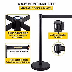 VEVOR Crowd Control Stanchion Set, Stanchion Set with 6.6 ft/2 m Black Retractable Belt, Black Crowd Control Barrier w/Concrete and Metal Base - Easy Connect Assembly (4)