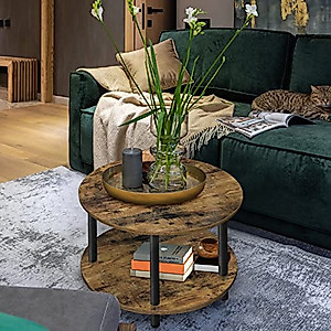 Vanrohe Small Round Coffee Table for Small Space, 23.5" 2-Tier Rustic Brown Wooden Coffee Table with Open Storage for Living Room/Balcony/Office, Metal Legs, Easy to Assemble