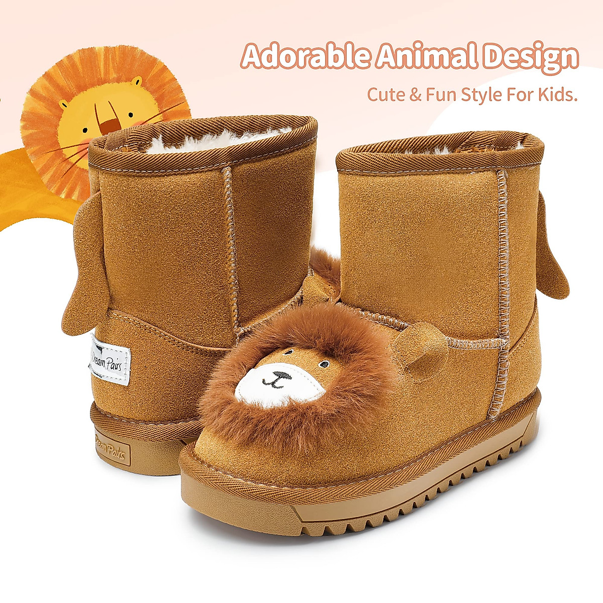 DREAM PAIRS Boys Girls Snow Boots Toddler/Little Kids Winter Cute Shoes Brown/Lion Size 7 Toddler SDSB2223K