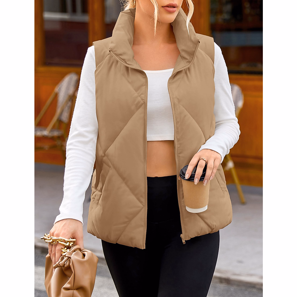 MEROKEETY Womens Puffer Vest Sleeveless Zip Up Quilted Coat Lightweight Stand Collar Gilet Jacket With Pockets Khaki Medium