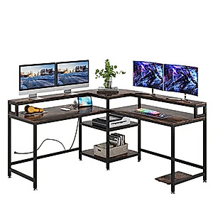 TIYASE L Shaped Desk with Power Outlet and USB Port, 59 in L-Shaped Computer Corner Desk with Storage Shelves, Home Office Desk Workstation with Monitor Stand, Tower Shelf, Rustic Brown
