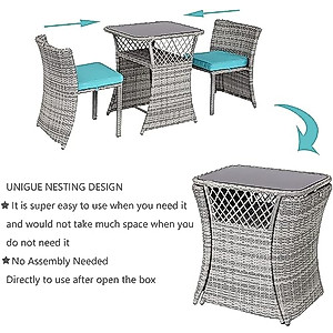 yoyomax, Turquoise 3 Pieces Furniture Clearance, PE Rattan Wicker Storage Shelf, Patio Sofa Chairs with Tempered Glass Table, Ideal for Garden-Porch, 3PCS-Bistro Set