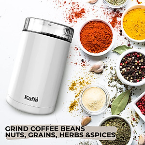 Kaffe Coffee Grinder Electric - Spice Grinder w/Cleaning Brush, Easy On/Off - Perfect for Espresso, Herbs, Spices, Nuts, Grain - 3.5oz / 14 Cup (Blade Grinder, White)