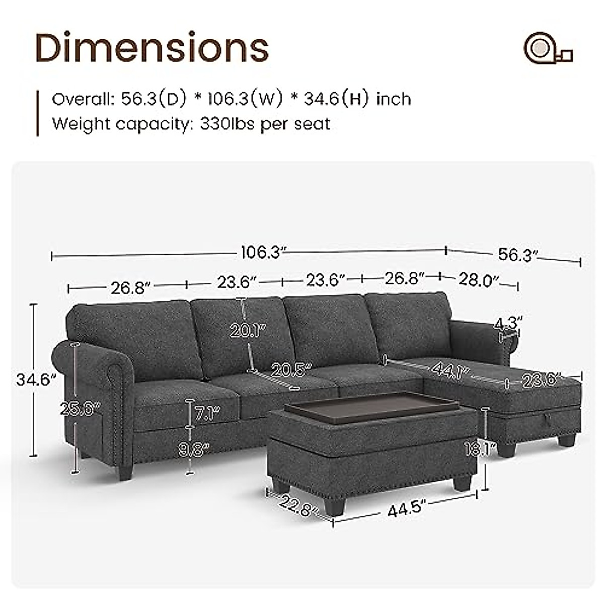 Nolany Convertible Sectional Sofa Couch, L Shaped Couch with Storage Ottoman Reversible Sofa with Chaise Small Sectional Couches for Living Room Set, Dark Grey