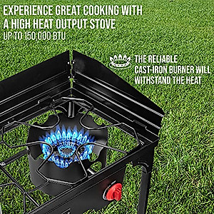 Hike Crew Cast Iron Double-Burner Outdoor Gas Stove | 150,000 BTU Portable Propane Cooktop w/Blue Flame Control, Removable Legs, Temperature Control Knobs, Wind Panel, Hose, Regulator & Storage Case
