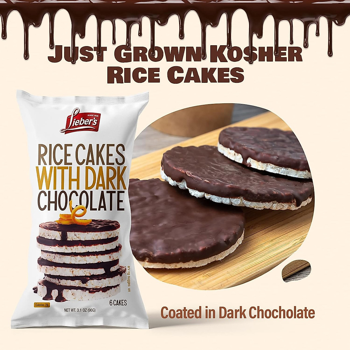 LIEBERS Dark Chocolate Rice Cakes, Kosher Certified Dairy Free, Gluten Free Snack (Dark Chocolate) Pack Of 3