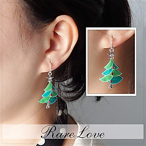 RareLove Green Christmas Tree with Star Red Rhinestone Pierced Dangle Earrings CZ Crystal Silver Plated Alloy Holiday For Women