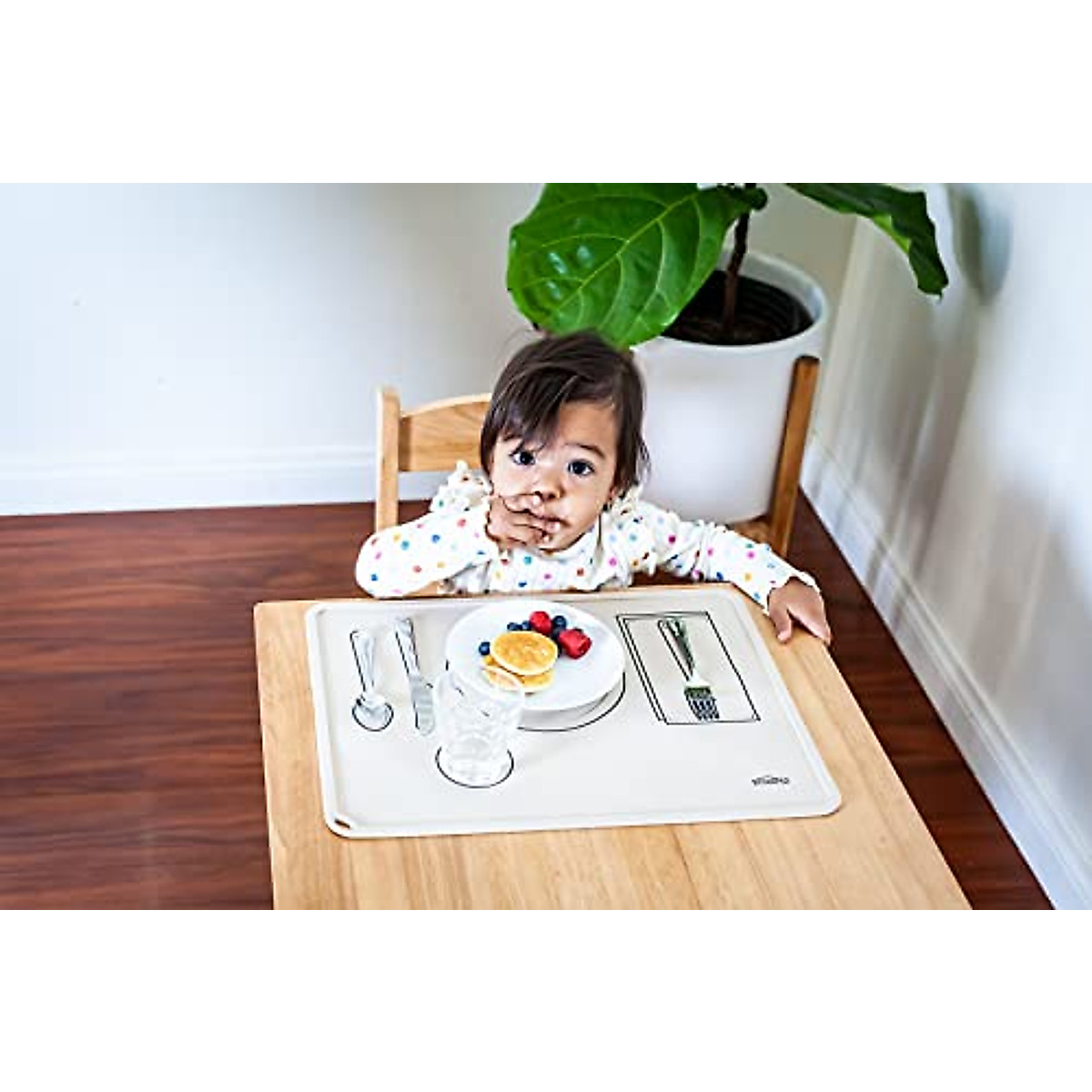 CHAMOS Montessori Placemat for Toddlers - Kids Silicone Mats for Dining Table - Set of 2 - Table Setting Learning (Sage and Beige)