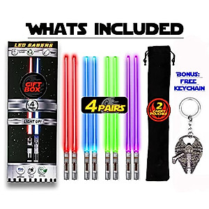 LIGHTSABER CHOPSTICKS LIGHT UP STAR WARS CHOPSTICK LED Glowing Light Saber Chop Sticks REUSABLE Sushi Sabers Cool Fun Geeky STARWARS Chop Stick Set 4 PAIRS FREE Keychain Bottle Opener & Pouch Gift Box
