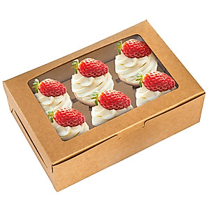 Jucoan 50 Pack Kraft Cupcake Box with Insert and Window Hold 6 Standard Cupcake, Food Grade Cupcake Carrier Container, Brown Bakery Box for Pastry, Cookies, Small Cake, Desserts Treat.