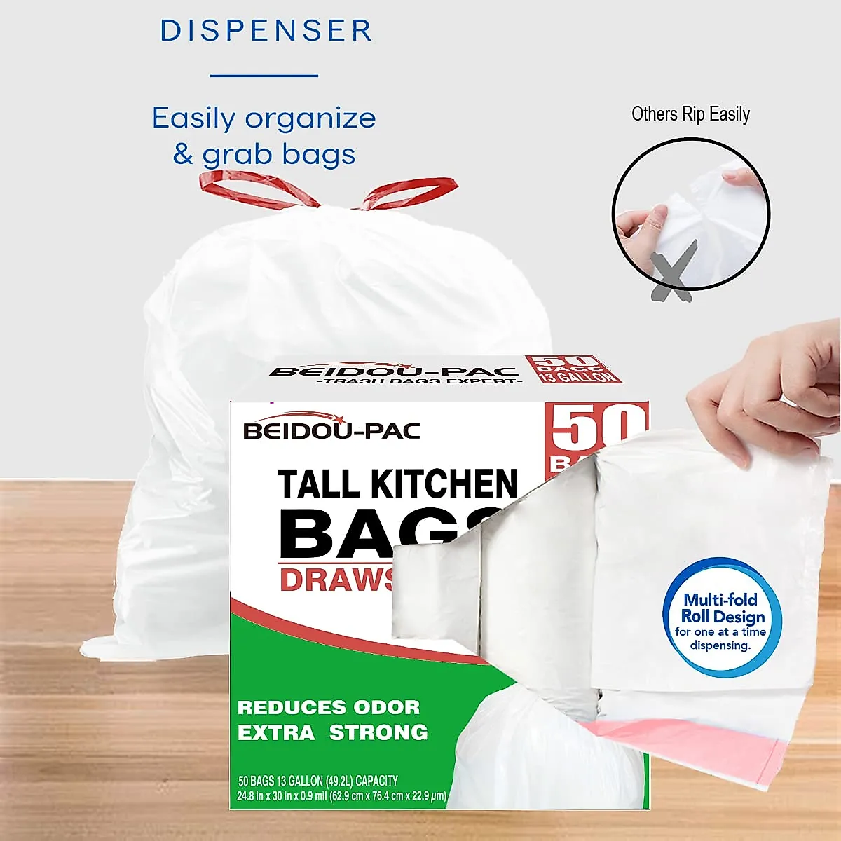 BEIDOU-PAC Trash Bags 13 Gallon Drawstring, 50 Count Garbage Bags, Tall Kitchen Trash Bags, Odorless & Extra Strength White Plastic Food Scrap Bag for Home Office Bathroom Kitchen Bins