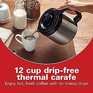 Hamilton Beach 12 Cup Programmable Front-Fill Drip Coffee Maker with Thermal Carafe, Auto Shutoff, 3 Brew Options, Black and Stainless Steel (46391)