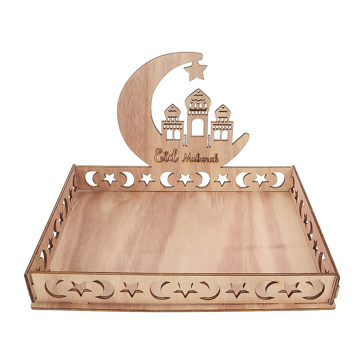 Table Tray Ramadan Mubarak Wooden Serving Tray: Eid Mubarak Moon Castle Tableware Tray Muslim Islam Party Serving Platter for Dessert Snacks Fruit Food Dessert Trays