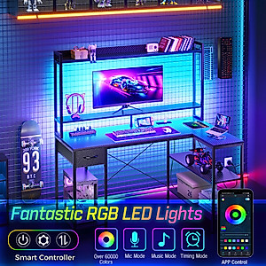 Seventable Gaming Desk with LED Light & Power Outlets, 47 inch Computer Desk with Shelves, Reversible L Shaped Desk with Monitor Stand, Corner Desk for Small Space, Carbon Fiber Black
