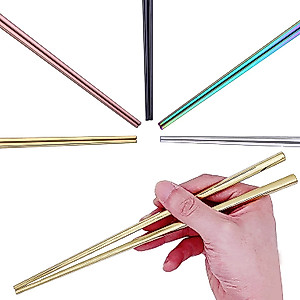 Dtdepth Stainless Steel Chopsticks - 5 Pairs Gold Reusable Dishwasher Safe Chopsticks, 304 Stainless Steel, Easy to Use, Bundle Set 5 Pairs Gold+5 Pairs Multicolor