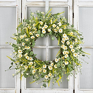 LSKYTOP 24 Inches Artificial Daisy Flower Wreath with Eucalyptus Leave Silk Flower White Berries Spring Summer Wreath for Front Door Wall Decor