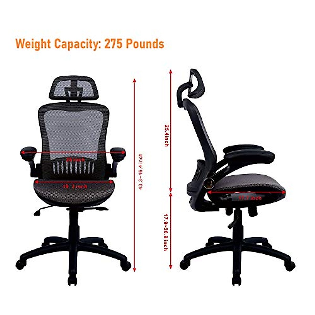 Amazon Basics Adjustable High-Back Mesh Chair with Flip-up Arms and Head Rest – Grey