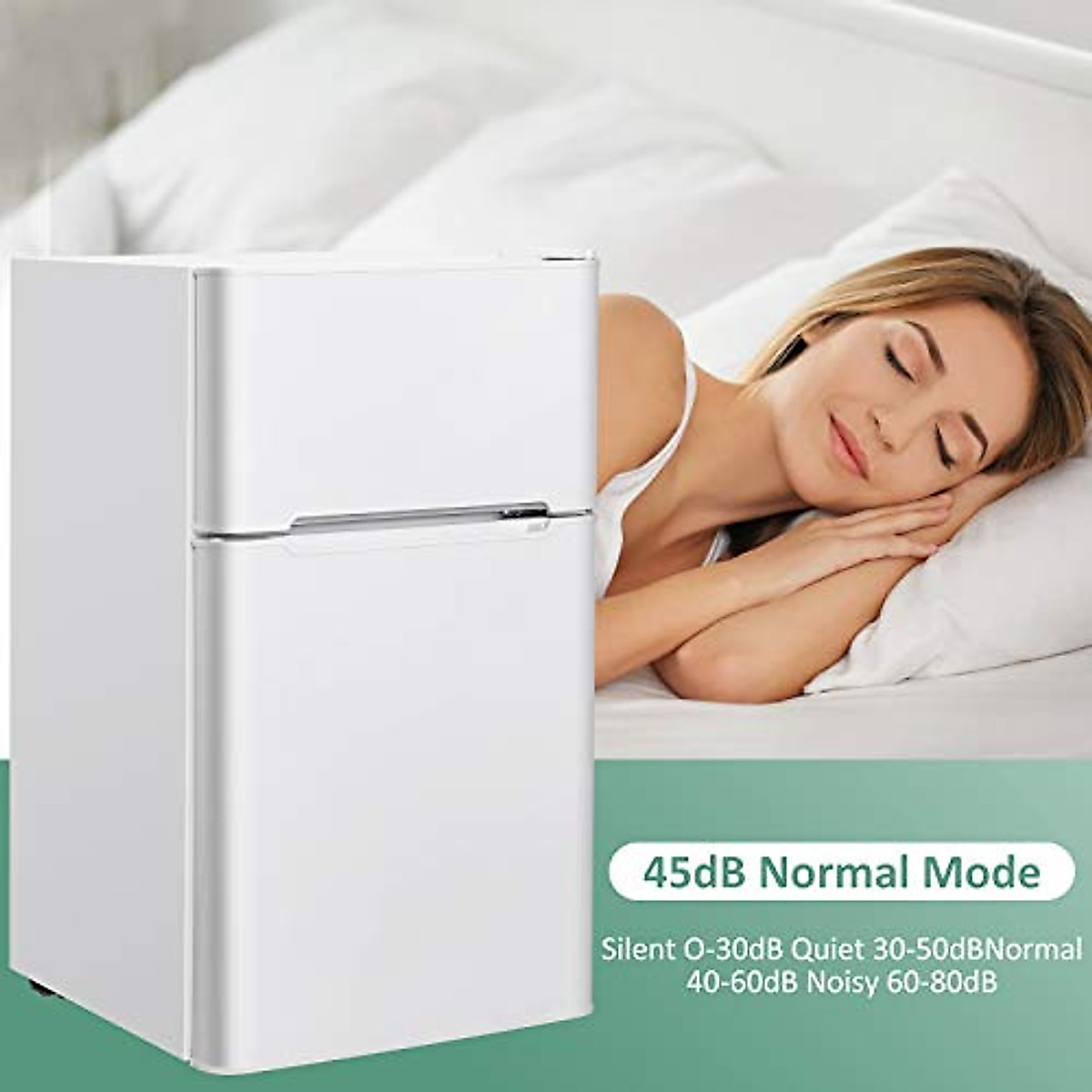 Hysache 3.2 cu ft ompact Refrigerator, Double Door Mini Fridge w/Removable Glass Shelves, Mechanical Control & Angle LED Light, Energy Saving Separate Freezer for Home, Office & Dorm (White)