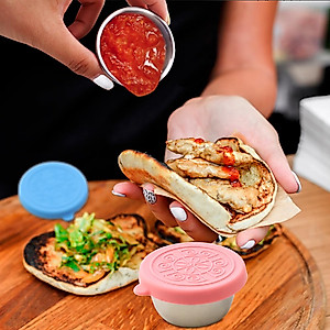 HENGKE 4 Pcs Stainless Steel Dressing Container with Silicone 1.35oz Lids Salad Dressing Container Reusable Condiment Containers with Leakproof Rainbow Color Lids Easy Open Small Sauce Cups