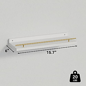 WOPITUES Floating Shelves with Gold Metal Guardrail, Shelves for Wall Decor Set of 3, Wall Shelves for Bedroom, Bathroom, Kitchen, Living Room, Plants, Picture Frames, Art- White and Gold