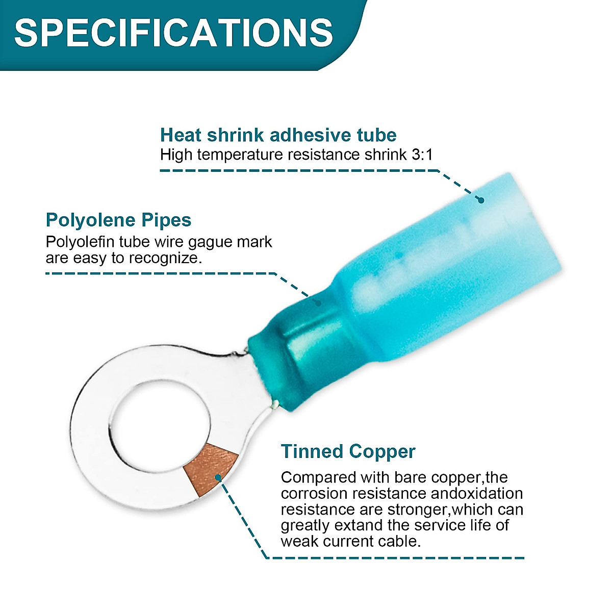 50 PCS Heat Shrink Wire Connectors, 16-14 AWG Ring Terminals Waterproof, 16-14 AWG #10 Wire Terminals Marine Automotive