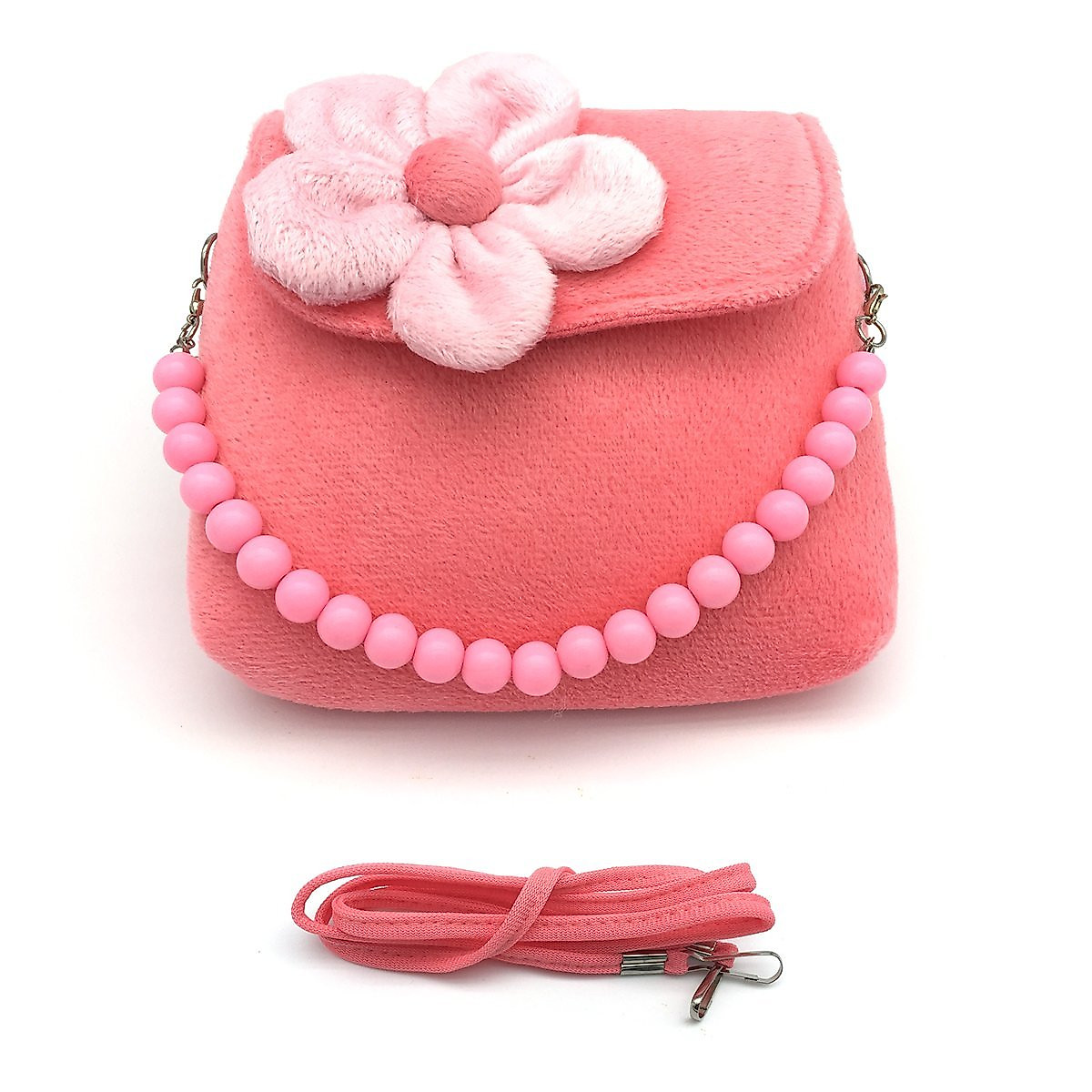 Elesa Miracle Little Girl Handbag Beauty Set Plush Handbag + Flower-Shaped Clip-on Earrings + Necklace and Bracelet Set (Pink)