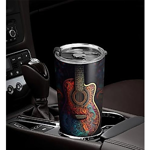 20oz Hippie Acoustic Guitar, Guitarist, Musician Gifts, Coffee Thermos for Men, Women, Stainless Steel Double Wall Vacuum Insulated Coffee Mug, Travel Cup with Lid
