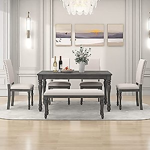 Merax 6-Piece Wood Rectangular Table Set with Turned Legs, 4 Upholstered Chairs and Bench for Dining Room, Grey+Beige(6pcs)