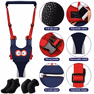 Panitay Handheld Baby Walking Harness Adjustable Toddler Walking Assistant Baby Walker Assistant Belt with 4 Pairs Baby Crawling Anti-Slip Knee 4 Pairs Non Slip Toddler Socks Grips, 7-24 Months Old