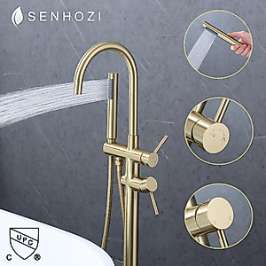 Freestanding Tub Faucet Floor Mount Tub Fillers Freestanding, Senhozi Brushed Gold Free Standing Tub Faucets, Mixer Tap Two Handle Gold Freestanding Bathtub Faucet with Hand Shower, SE-3001-BG