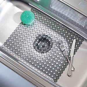 mDesign Kitchen Sink Dish Drying Mat/Grid - Soft Plastic Sink Protector, Cushions Sinks, Dishes - Quick Draining Circle Design - Includes 1 Saddle, 2 Large Mats - Set of 3 - Graphite Gray