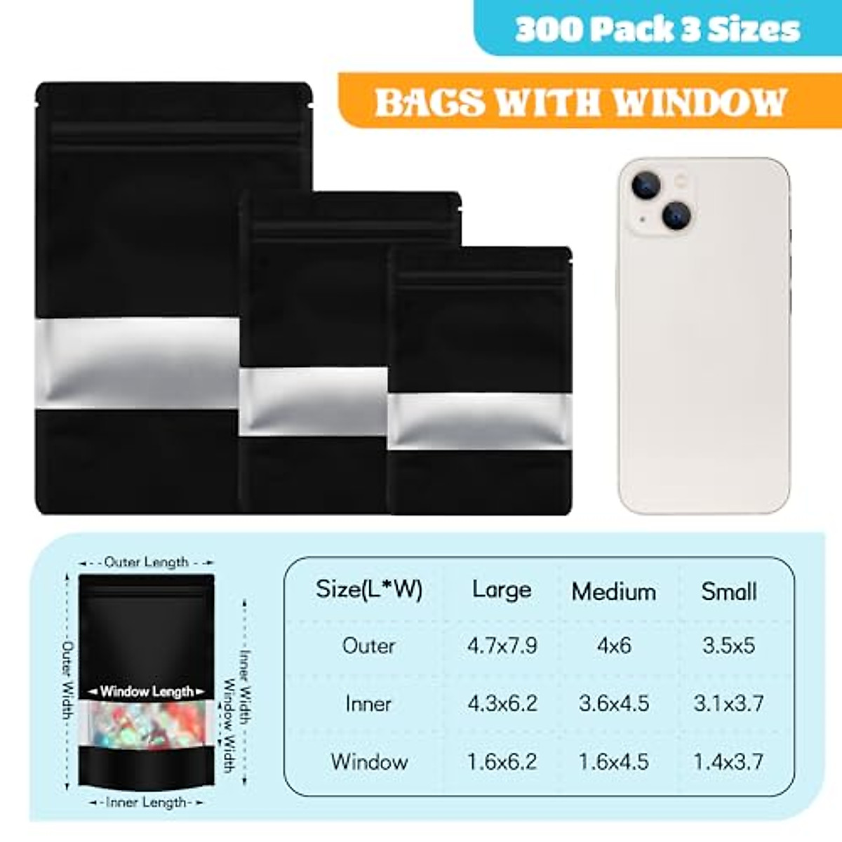 Estune 300 Pieces Matte Mylar Bags with Clear Front Window 3 Sizes Resealable Bags Stand up Sealable Bags for Packaging Pouch for Food Sample Snack Jewelry Storage, 3.5 x5, 4 x6 , 4.7 x7.9 (White)