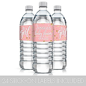 Personalized Pink and Gold It’s a Girl Baby Shower Water Bottle Labels - 24 Stickers