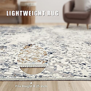 Area Rug Living Room Rugs - 5x7 Abstract Large Soft Indoor Washable Rug Neutral Modern Low Pile Carpet for Bedroom Dining Room Farmhouse Home Office - Beige Blue